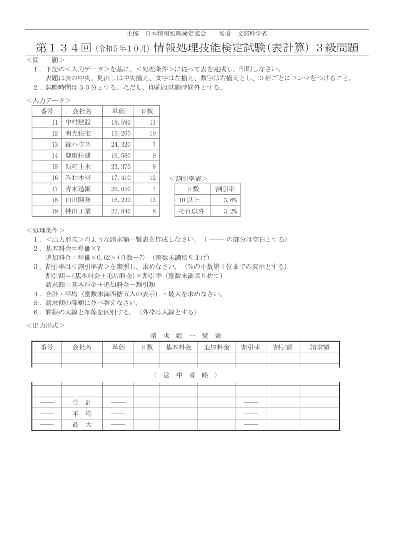 第134回 情報処理技能検定試験 表計算 3級 過去問題 解き方 （令和5年10月） | SAInoITnote 日検 情報処理技能検定試験 表計算
