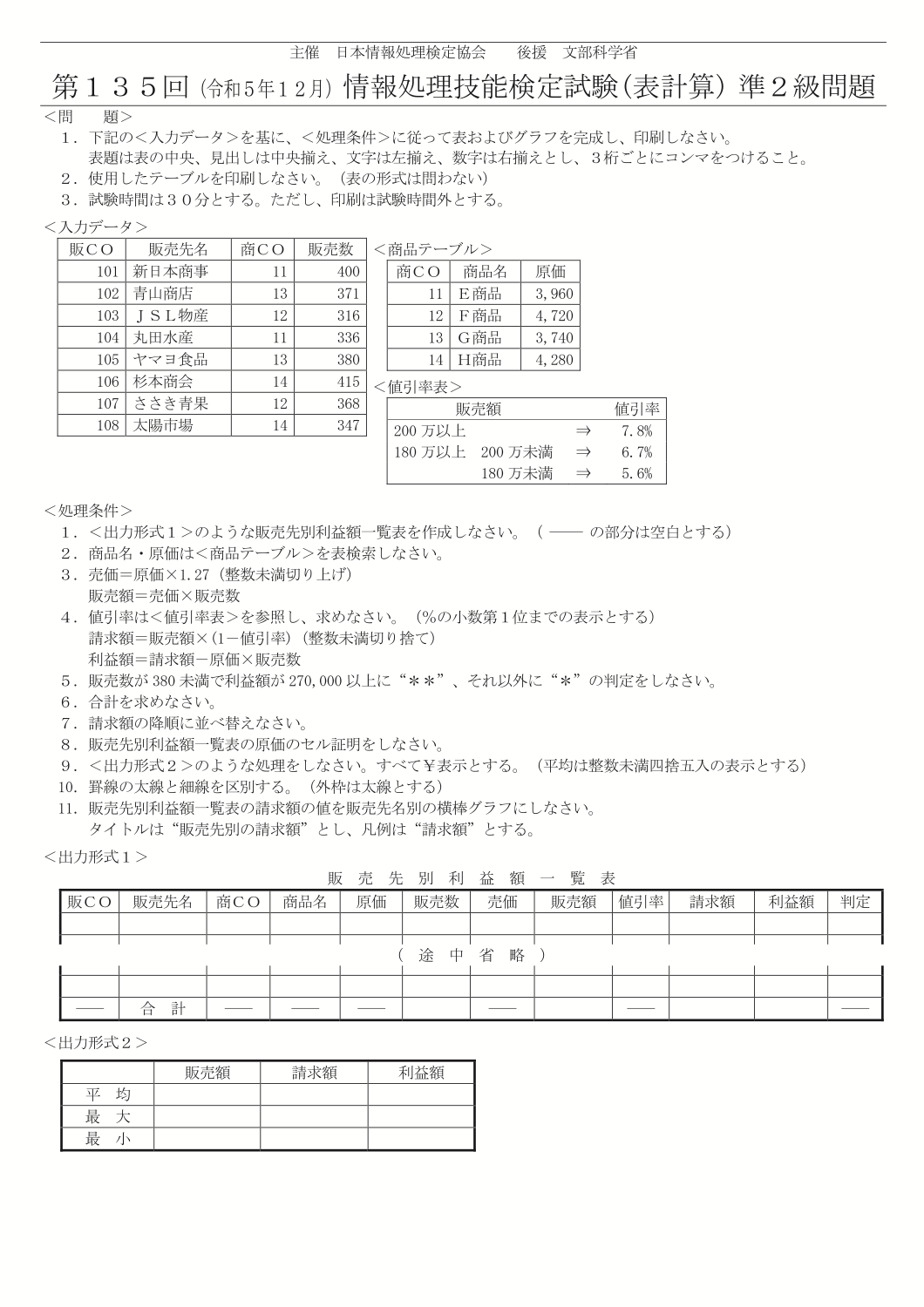 第135回 情報処理技能検定試験 表計算 準2級 過去問題 解き方 （令和5年12月） | SAInoITnote 日検 情報処理技能検定試験 表計算